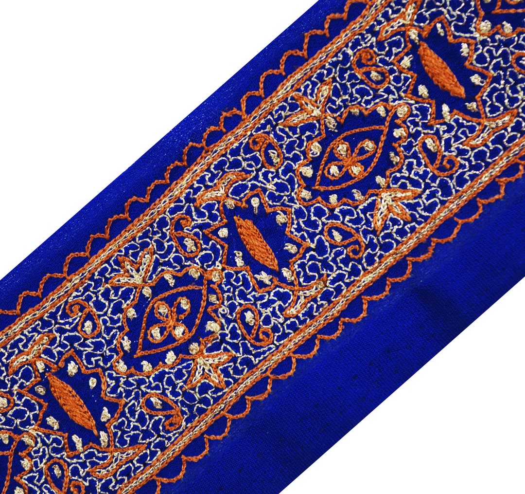 Indian Vintage Royal Blue Sari Border Hand Embroidered Indian Craft ...