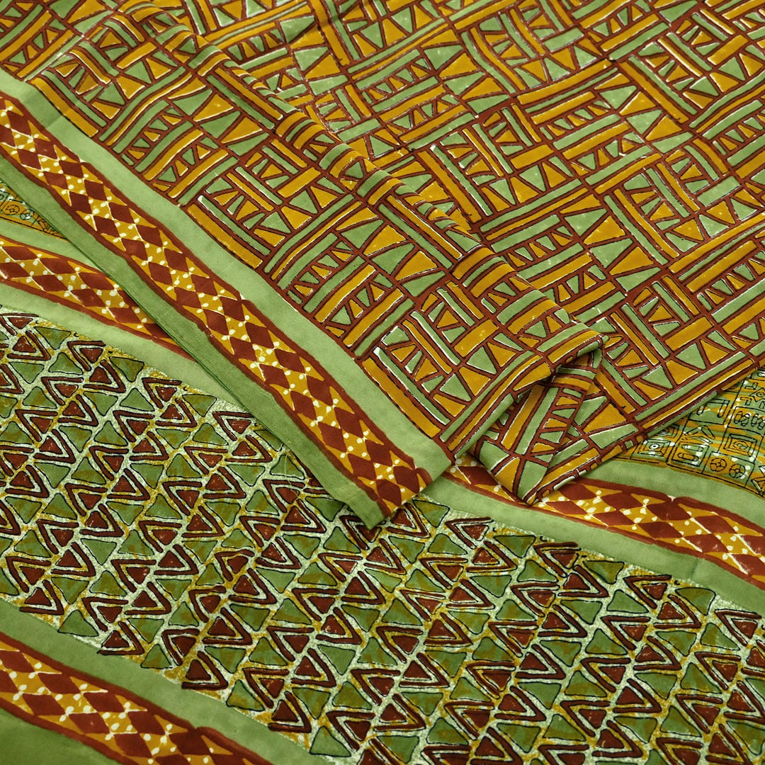 Indian Vintage Sari Green & Saffron Pure Crepe Silk Printed Sarees 5yd ...