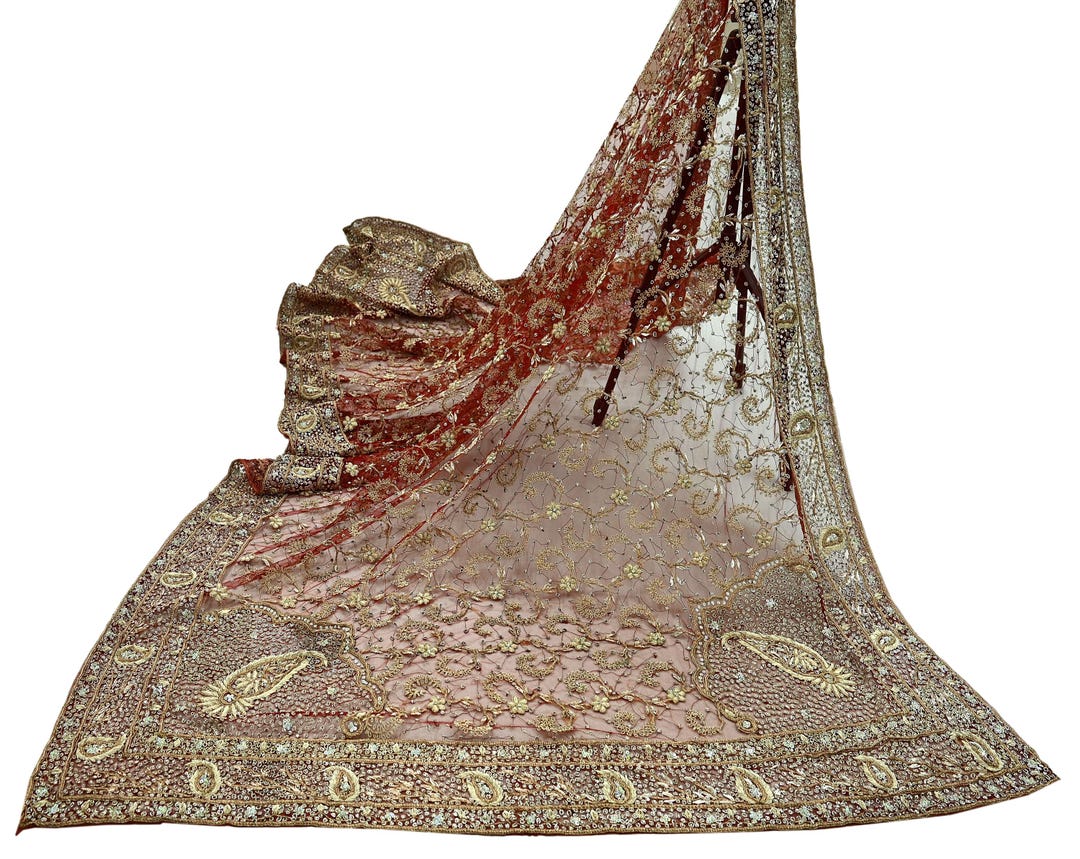 Indian Vintage Heavy Wedding Red Dupatta Net Mesh Long Stole Hand ...