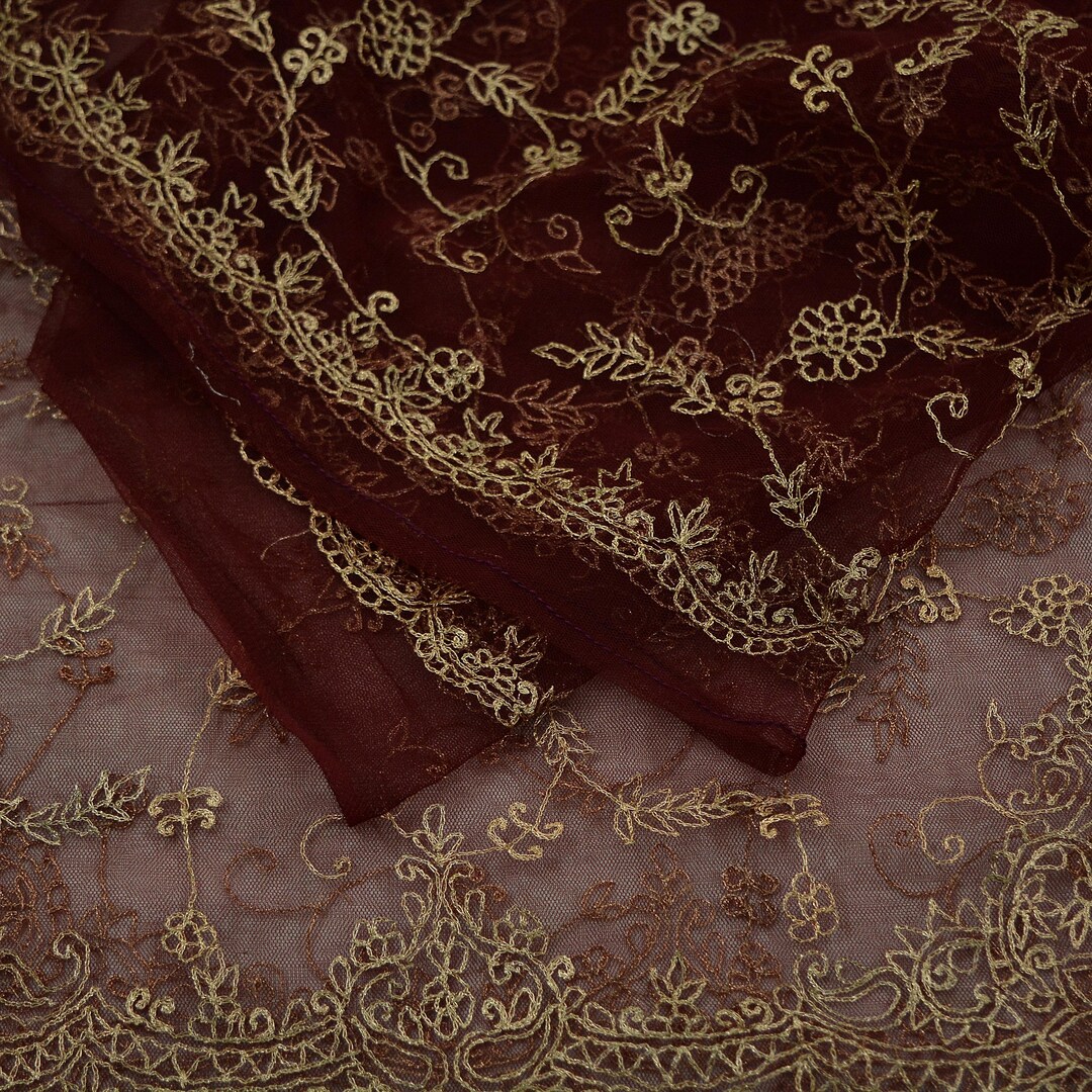 Indian Vintage Heavy Maroon Dupatta Net Mesh Long Stole Hand ...