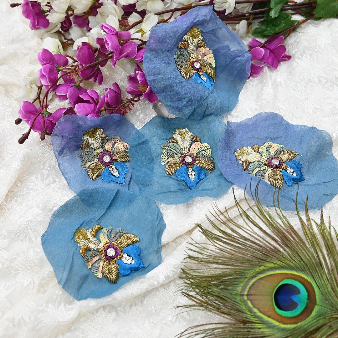 Indian Vintage Purple & Blue Pure Georgette Silk Appliques –set of 5 ...