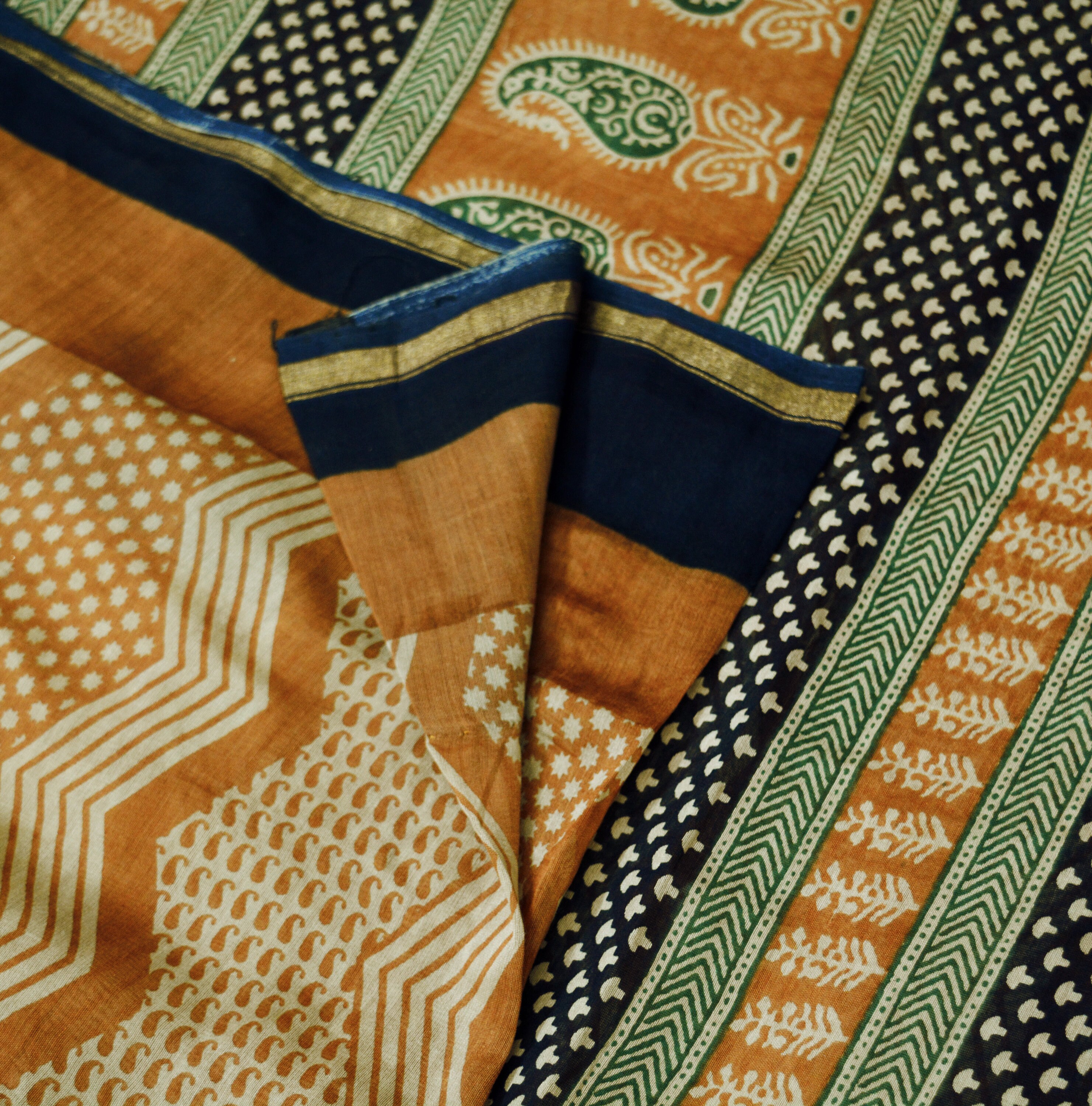 Indian Vintage Saffron & Black Saree Block Printed Sari Pure Chanderi ...