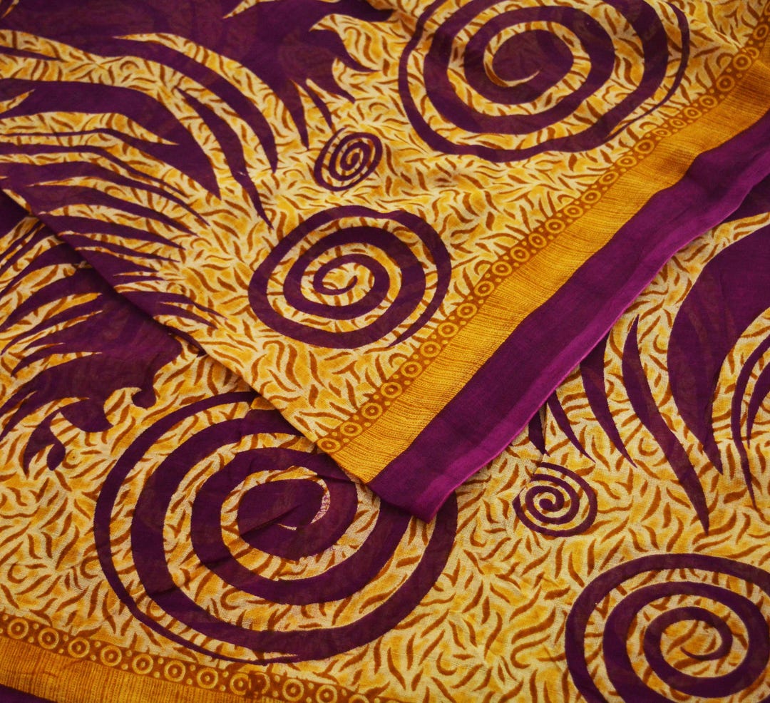 Indian Vintage Sari Purple Printed Pure Cotton Saree Craft Soft Fabric ...