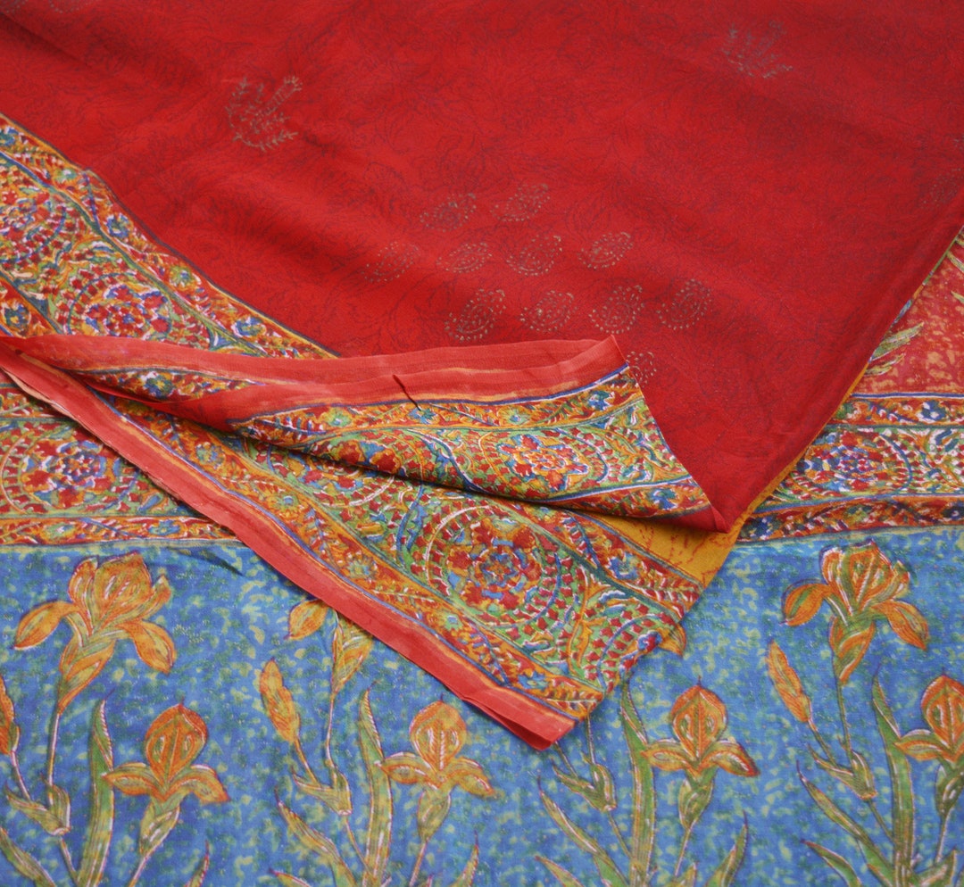 Women Vintage Sari Red 100% Pure Georgette Silk Block Printed Saree ...