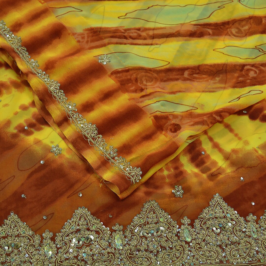 Indian Vintage Sari Georgette Hand Embroidered Sarees Craft Fabric 6yd ...