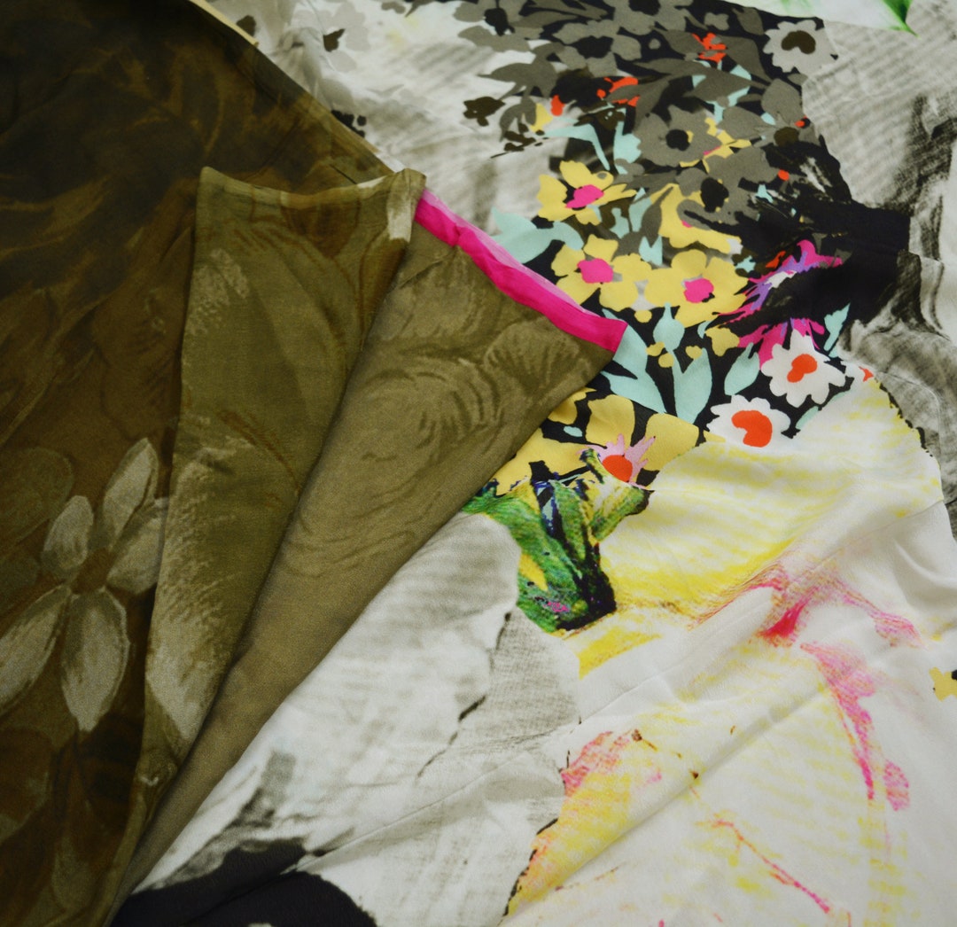 Vintage Green & Black Saree Blend Silk Digital Printed Sari Sewing 5yd ...