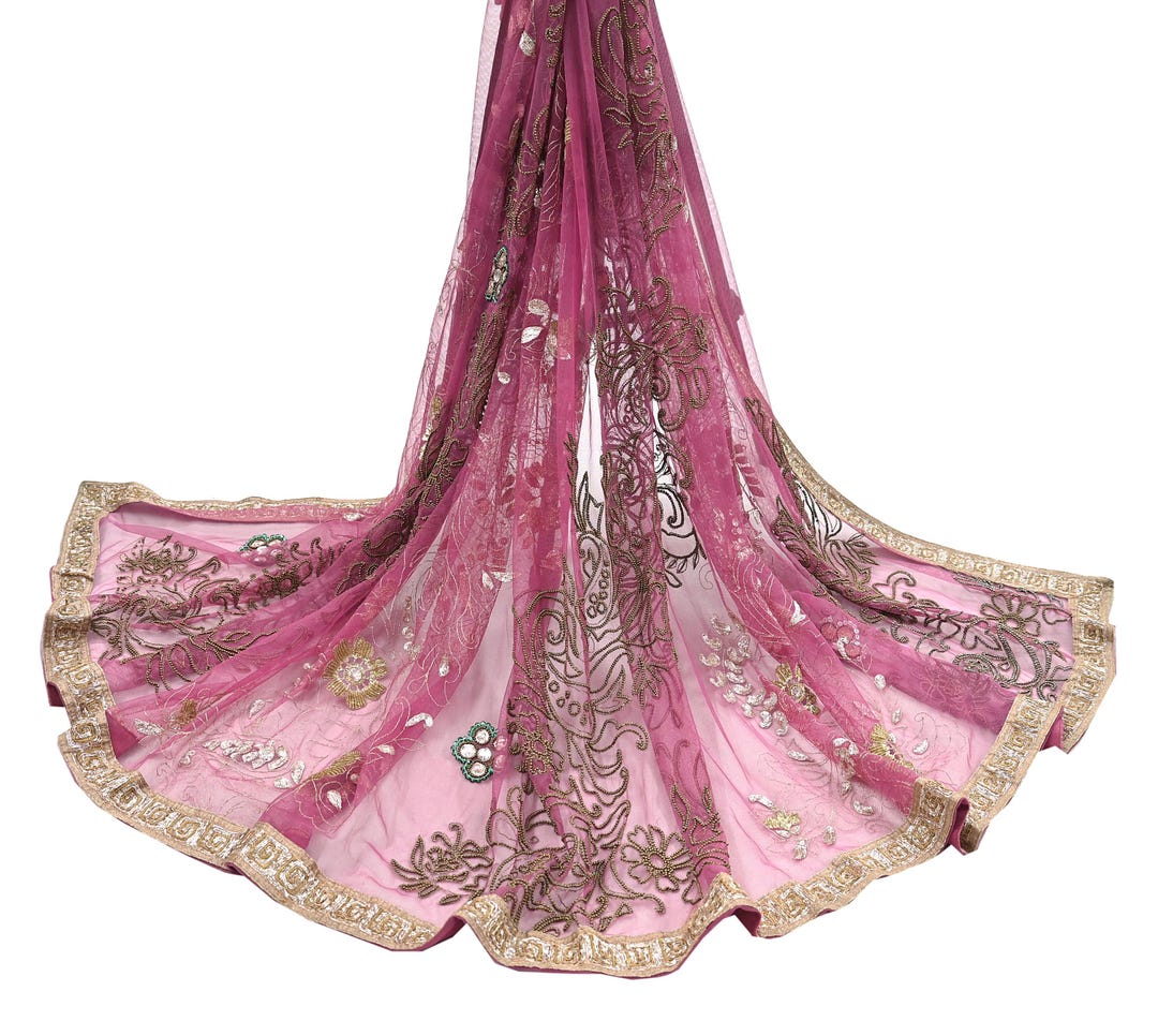 Indian Vintage Heavy Bridal Dupatta Pink Net Mesh Long Stole Hand ...