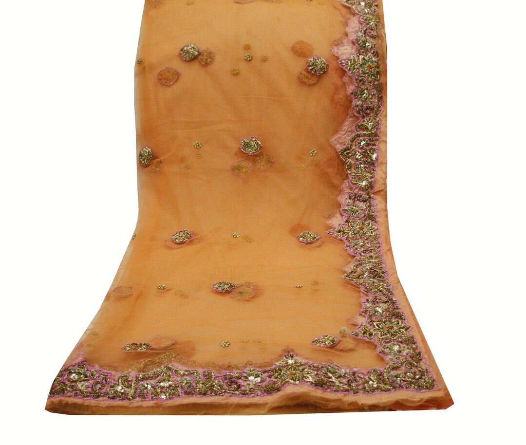 Indian Vintage Heavy Peach Dupatta Net Mesh Long Stole Hand Embroidered ...