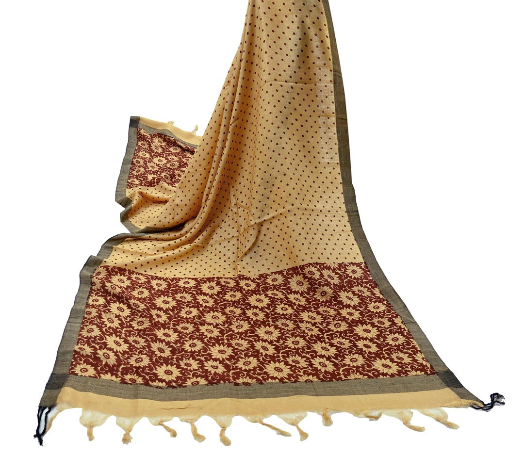 Vintage Beige & Brown Long Stole Pure Woolen Scarf Printed Dupatta ...