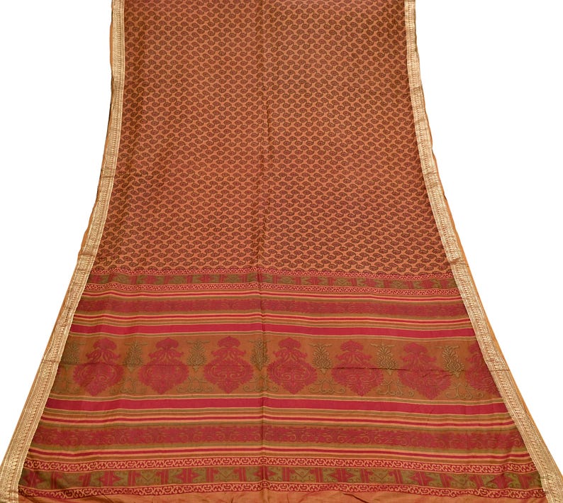 Indian Vintage Sari Red & Saffron 100% Pure Silk Printed Saree Craft ...