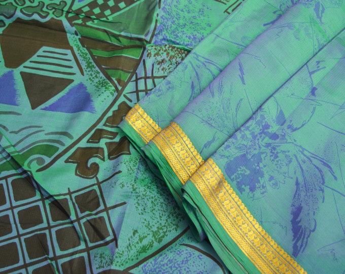 Indian Vintage Sari Blue & Green 100% Pure Silk Printed Saree 6yard ...