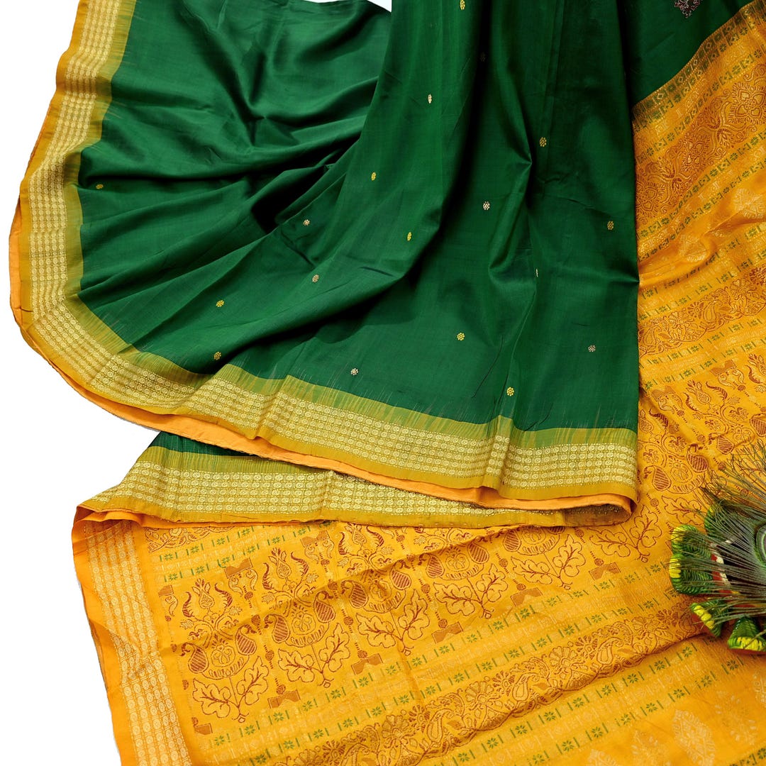 Indian Vintage Saree Green & Saffron Pure Silk Saree Banarasi Brocade ...