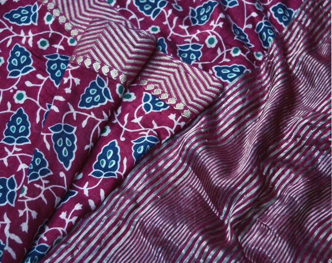 Indian Vintage Maroon Saree Block Printed Sari Pure Chanderi Silk ...