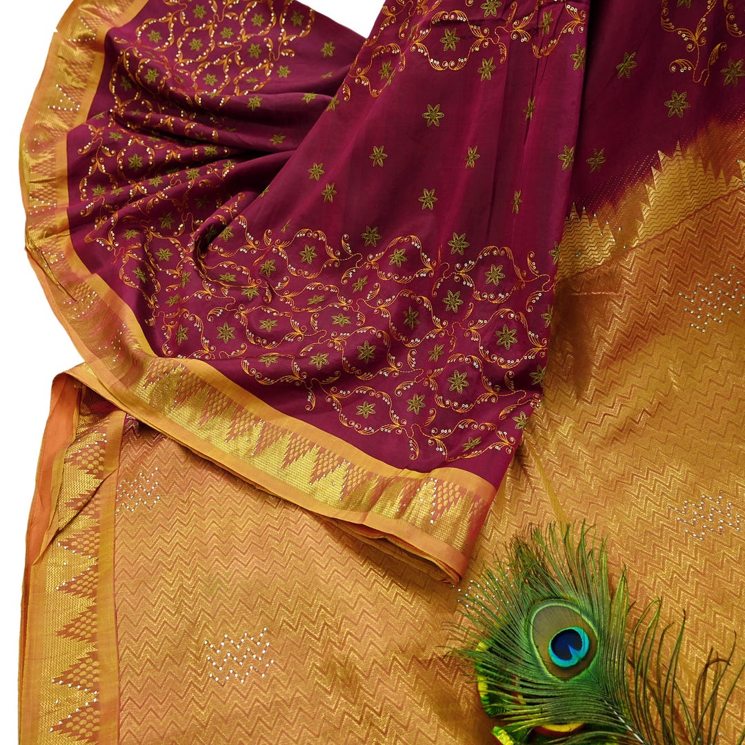Indian Vintage Heavy Saree Maroon & Saffron Hand Woven Kanjivaram 100% ...