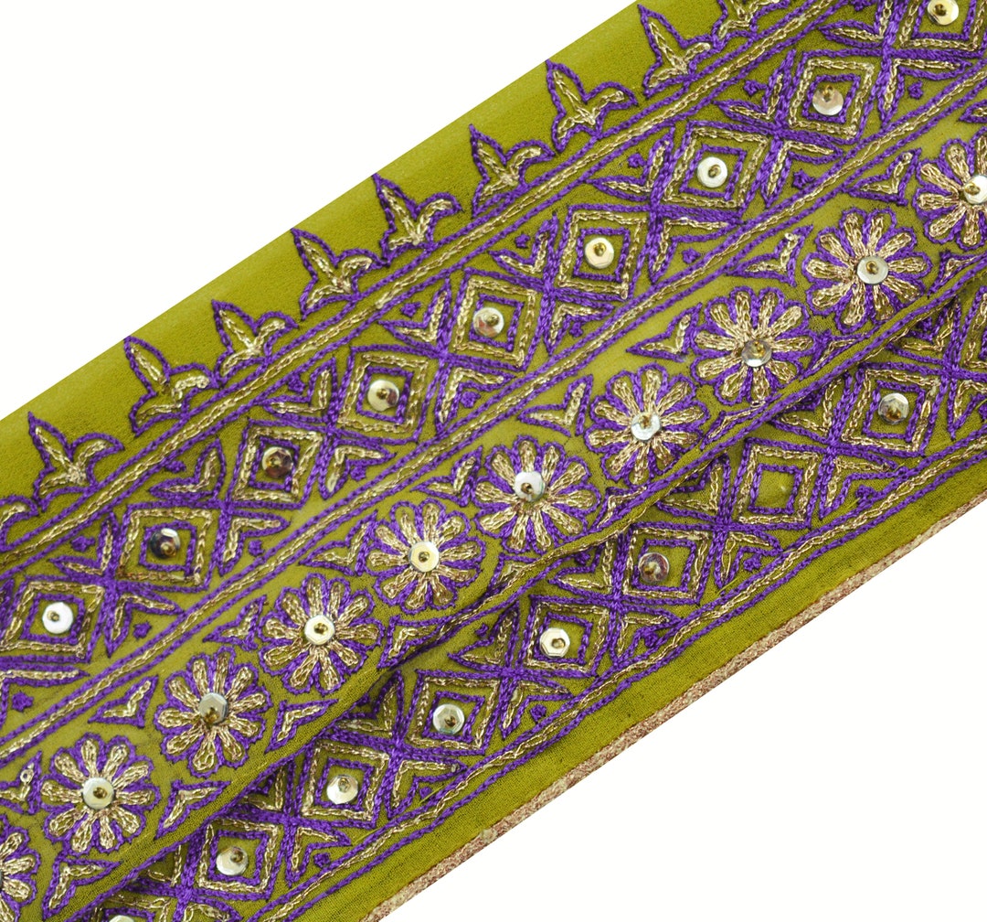 Indian Vintage Green Sari Border Hand Embroidered Indian Craft Trim ...