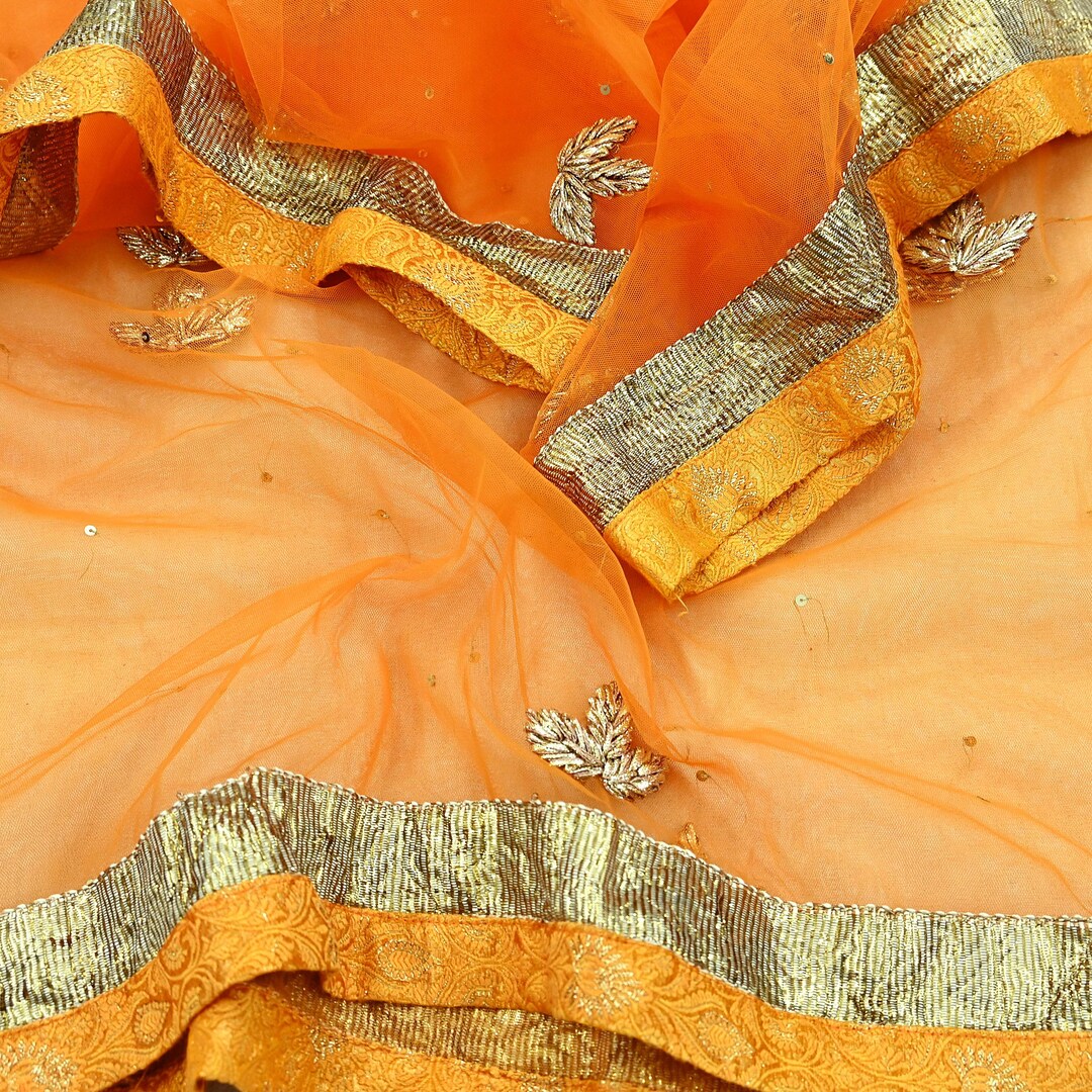 Indian Vintage Orange Dupatta Net Mesh Long Stole Woven Scarves Golden ...