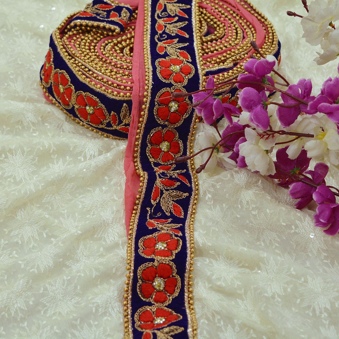 Indian Vintage Royal Blue Sari Border Hand Embroidered Craft Trim Lace ...