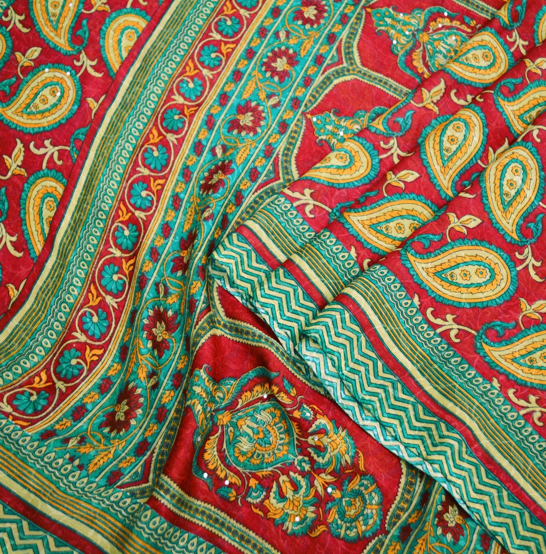 FREE SHIPPING Indian Women Vintage Red Saree Georgette Printed Sari ...