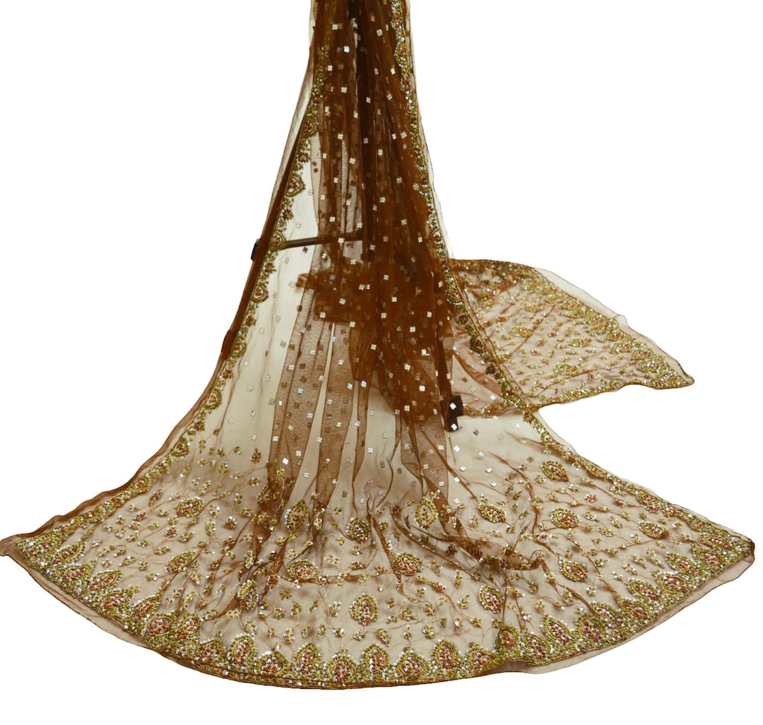 Indian Vintage Heavy Brown Dupatta Net Mesh Long Stole Hand Embroidered ...
