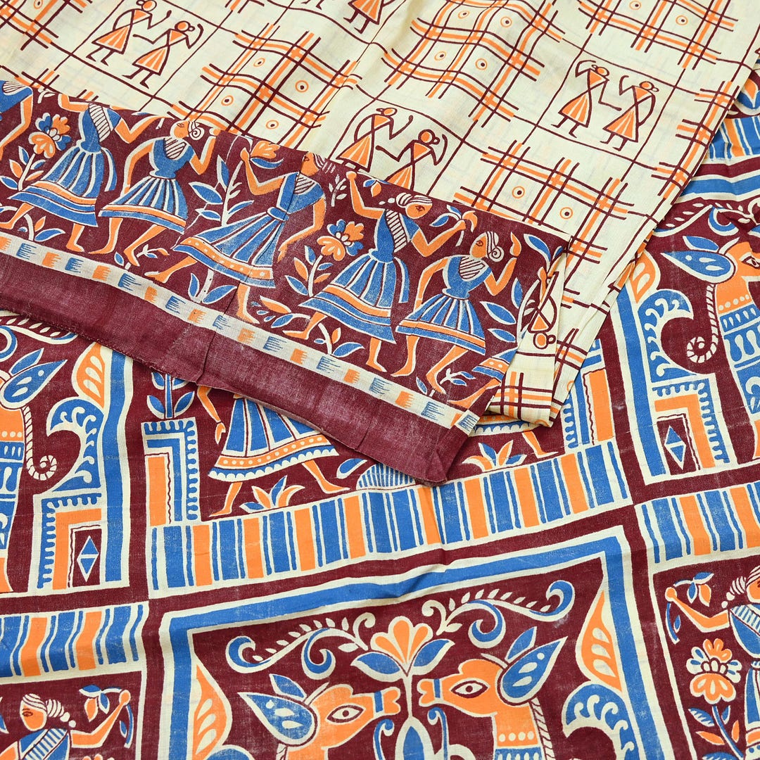 Indian Vintage Beige Saree Pure Khadi Silk Handloom Warli Printed Sari ...