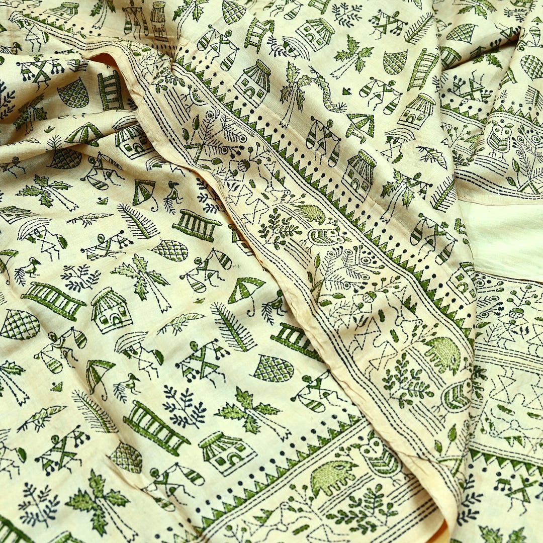 Indian Vintage Ivory Saree Pure Khadi Silk Handloom Warli Printed Sari ...