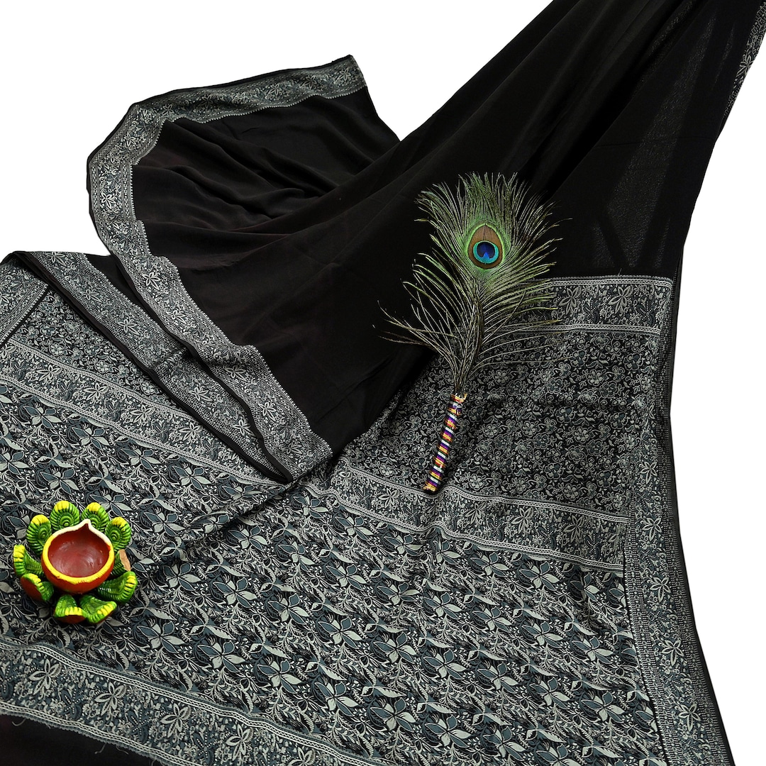 Indian Vintage Black Sarees Pure Silk Hand Woven Sari Craft Fabric 5yd ...