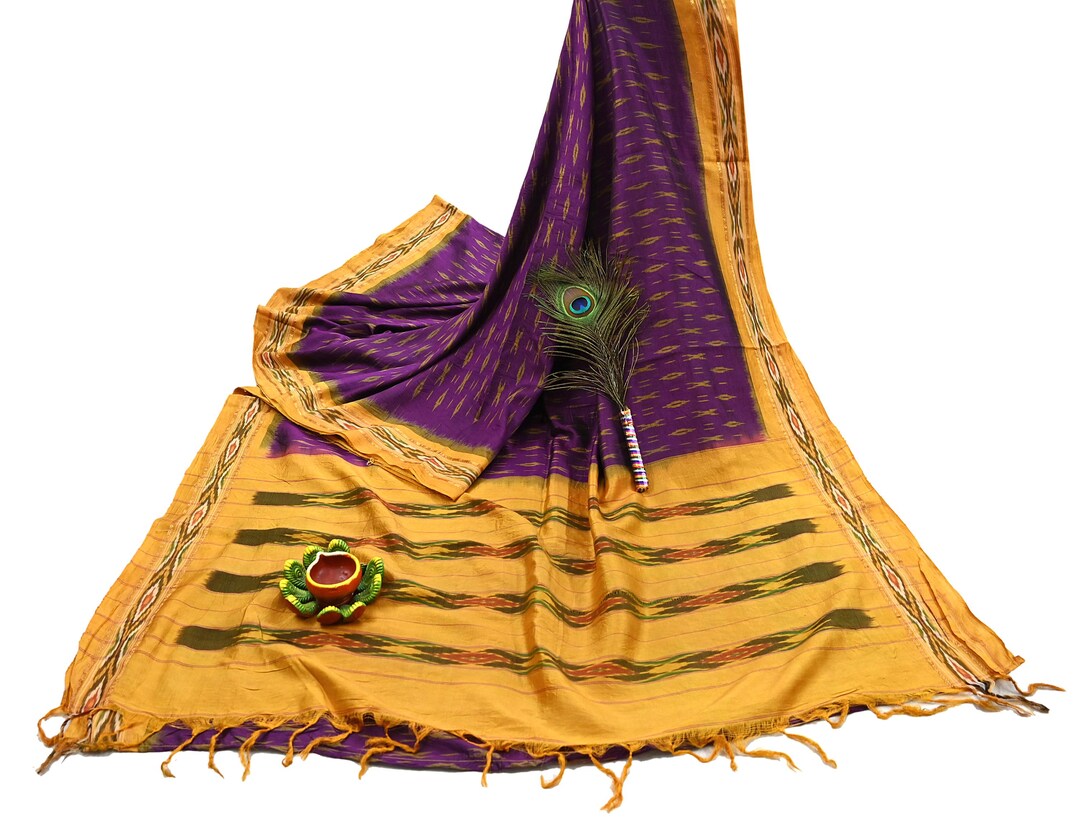 Indian Vintage Saffron & Purple Pochampally Silk Saree Pure Silk Hand ...