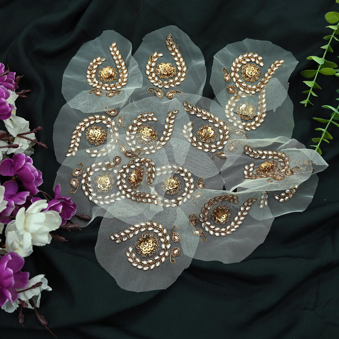 Indian Vintage White Net Hand-embroidered Appliques – Set of 3 I ...