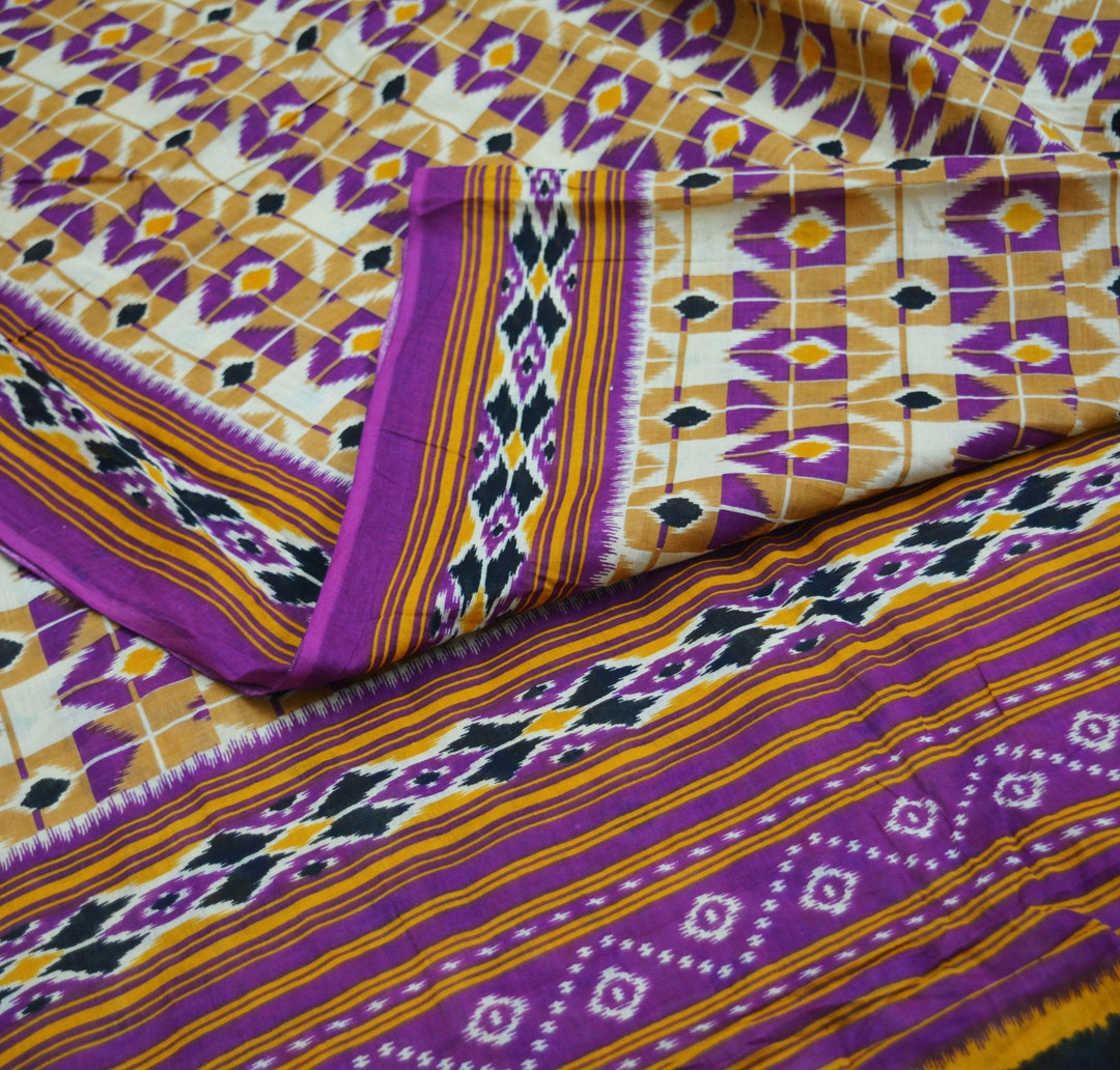 FREE SHIPPING Indian Vintage Saffron & Purple Saree Printed Pure Cotton ...
