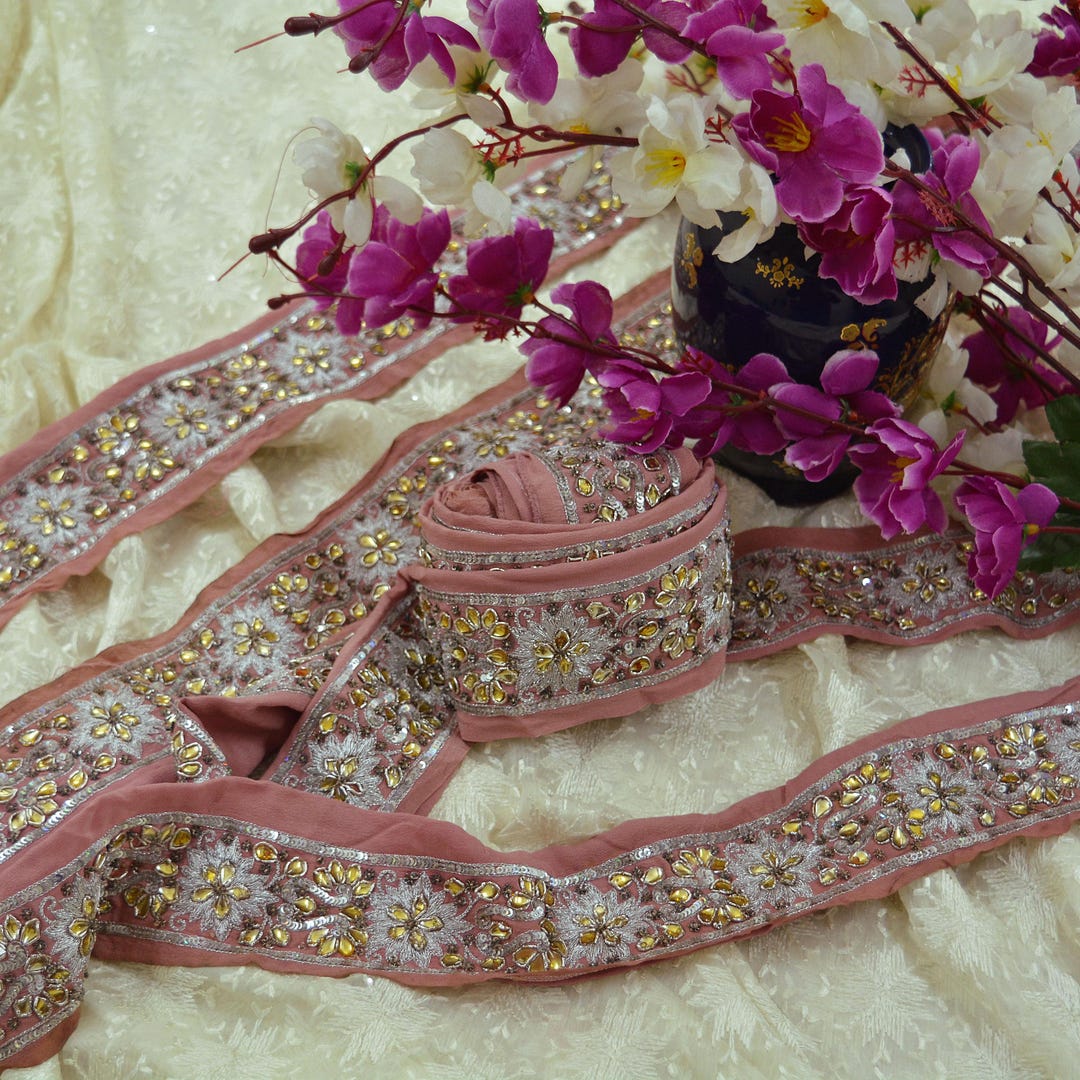 Indian Vintage Pink Sari Border Hand Embroidered Craft Trim Lace Sewing ...