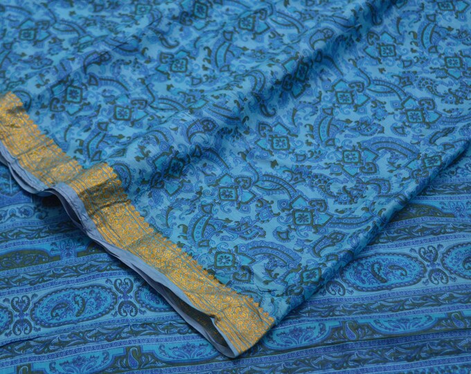 Indian Vintage Sari Blue Pure Silk Printed Saree Fabric 5yard Sewing ...