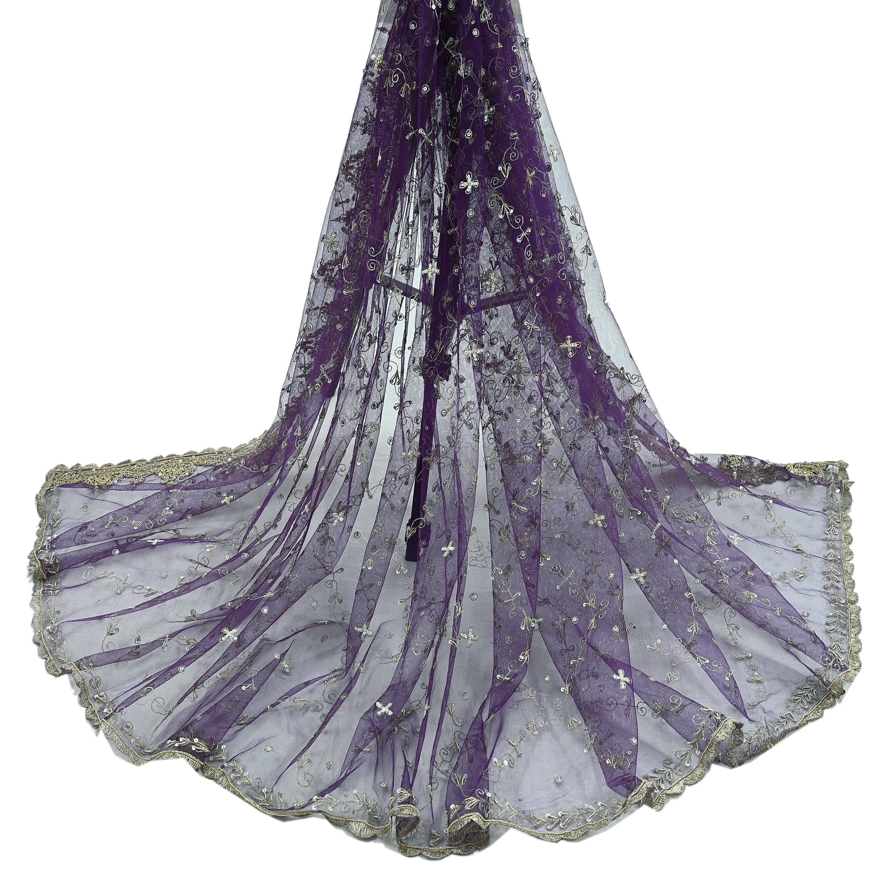 Indian Vintage Purple Dupatta Net Mesh Long Stole Hand Embroidered ...