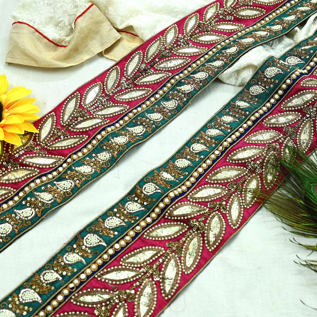 Indian Vintage Sari Border Hand Embroidered Craft Trim Lace 1yd Sewing ...