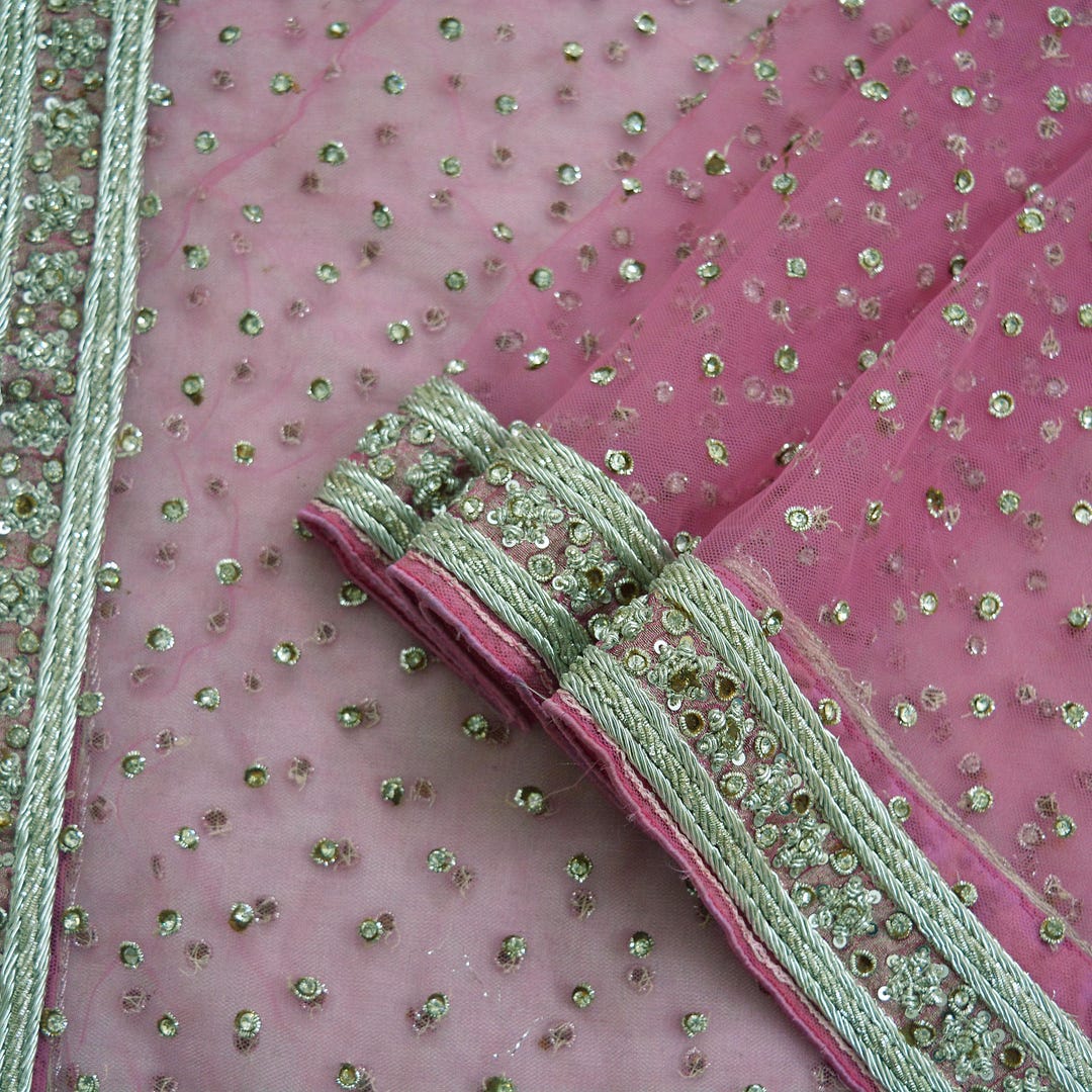 Indian Vintage Heavy Bridal Pink Dupatta Net Mesh Long Stole Hand ...