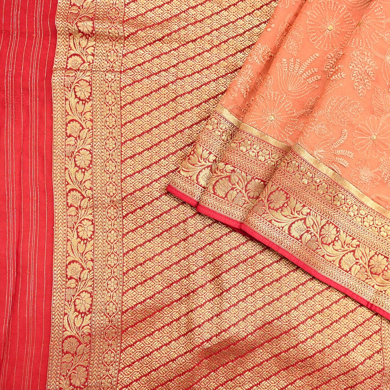 Indian Vintage Orange & Red Saree Blend Georgette Hand Embroidered Sari ...
