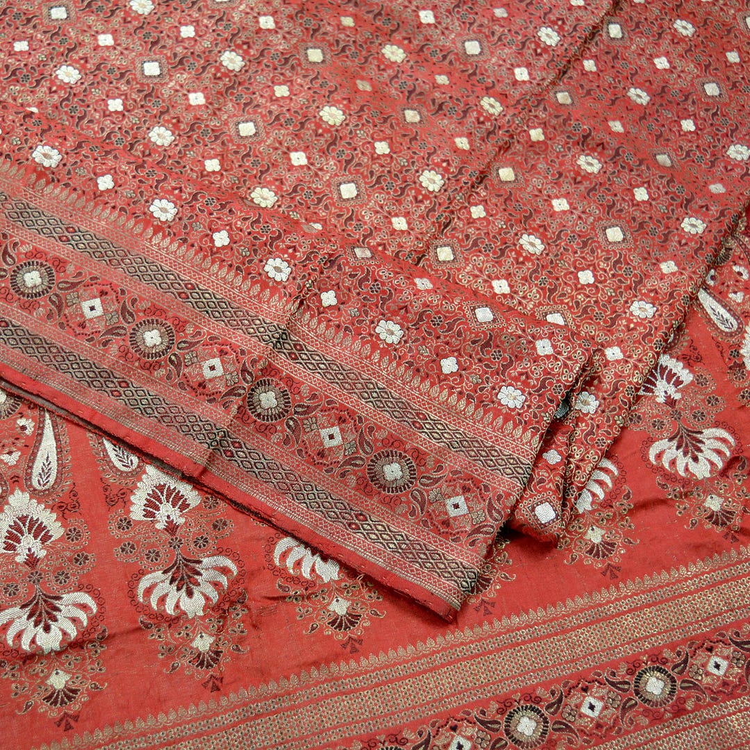 Indian Antique Vintage Heavy Sari Pure Satin Silk Red Hand Woven ...