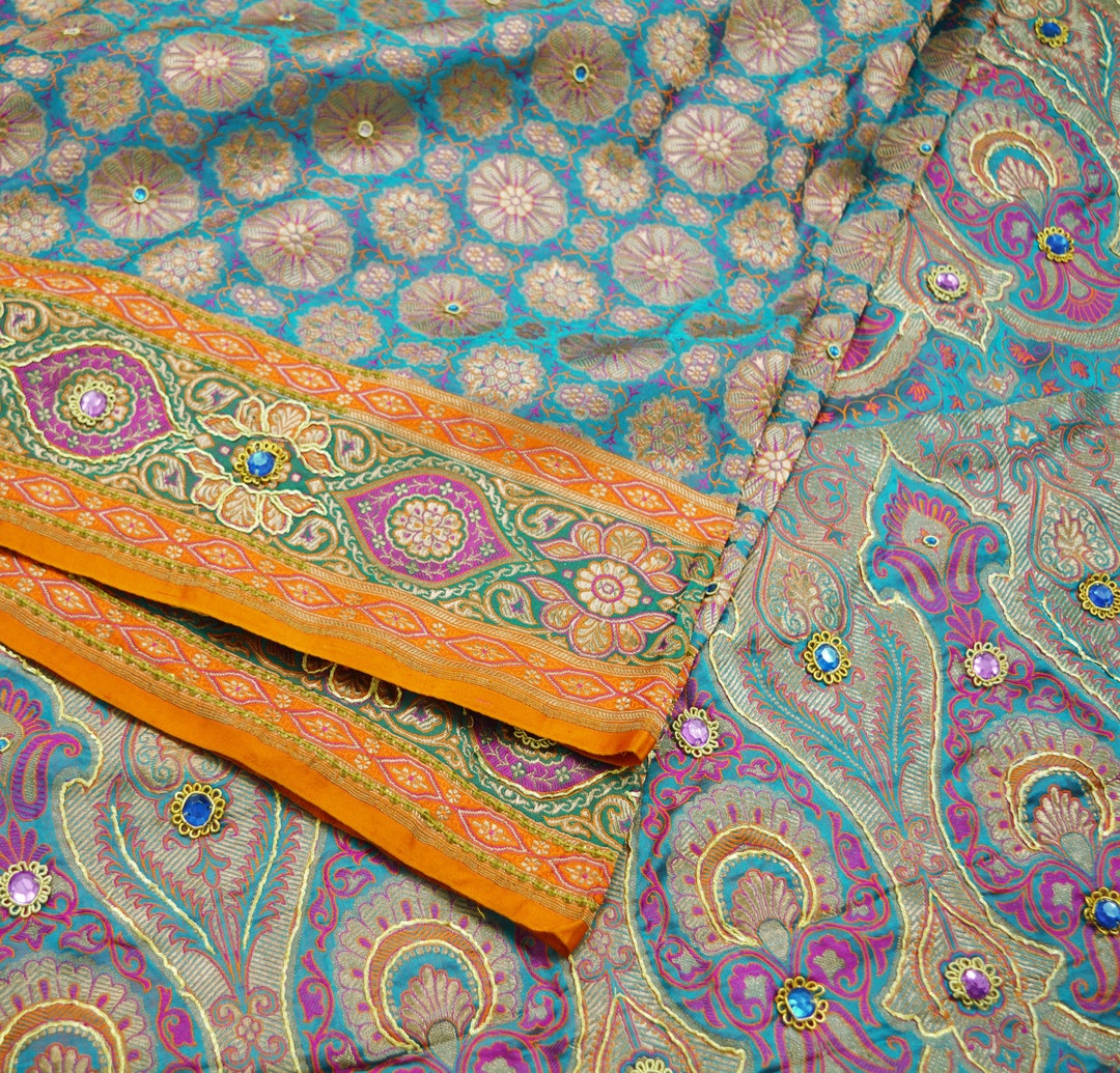 FREE SHIPPING Vintage Blue Heavy Wedding Saree Pure Satin Silk Hand ...