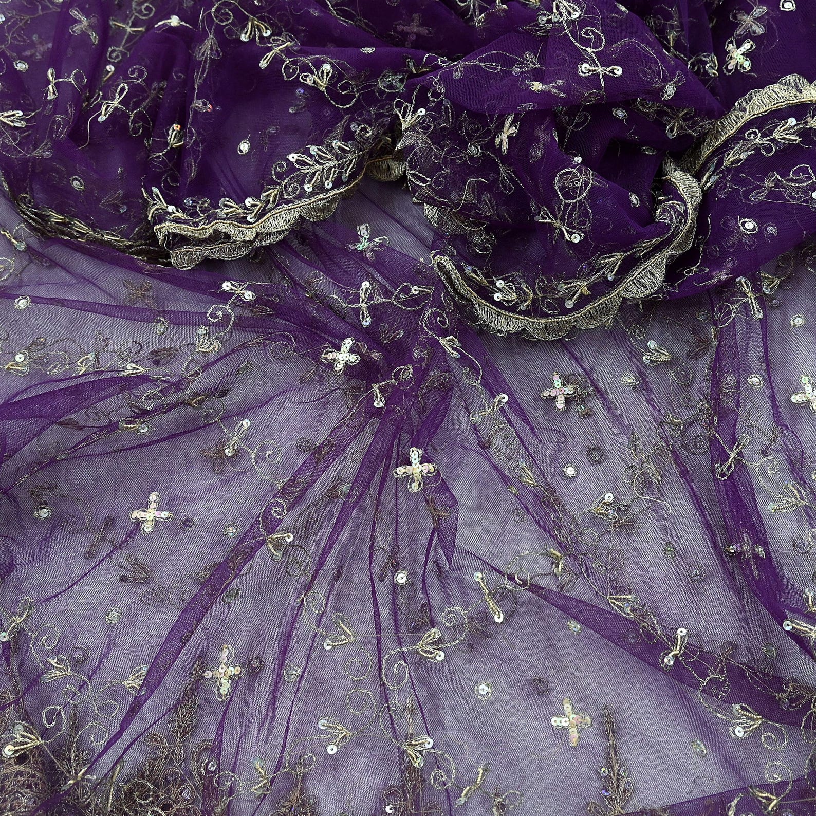 Indian Vintage Purple Dupatta Net Mesh Long Stole Hand Embroidered ...