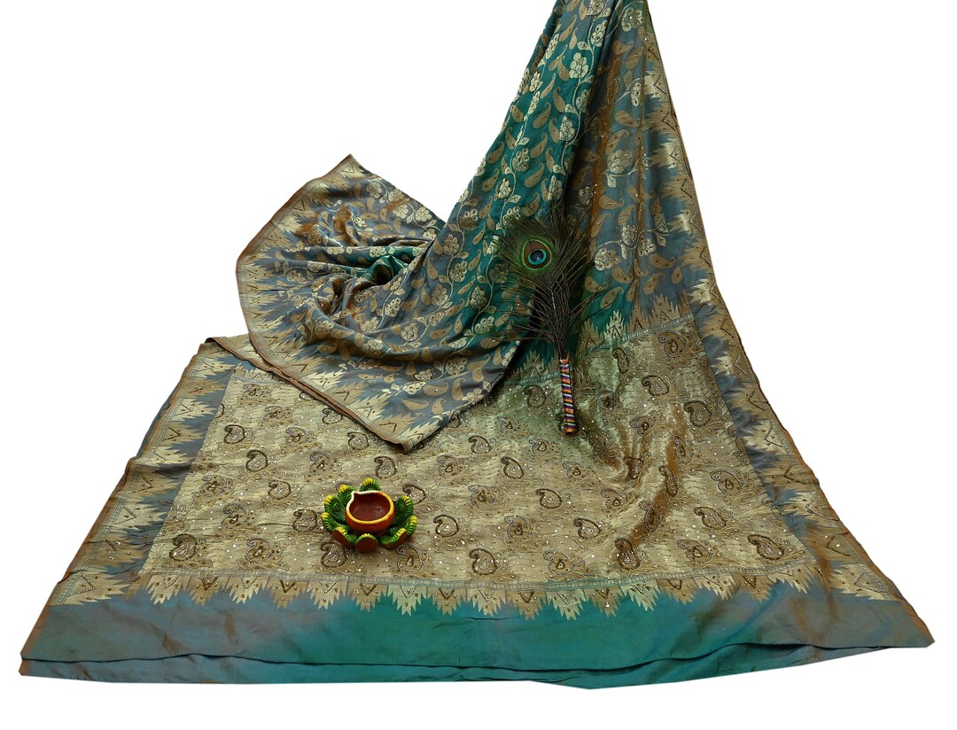 Indian Vintage Heavy Multi Hand Embroidered Saree 100% Pure Silk Sari ...