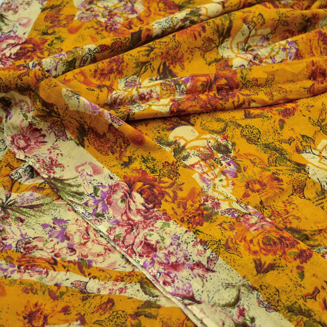 Indian Vintage Saffron & Beige Saree Printed Pure Cotton Indian Sari ...