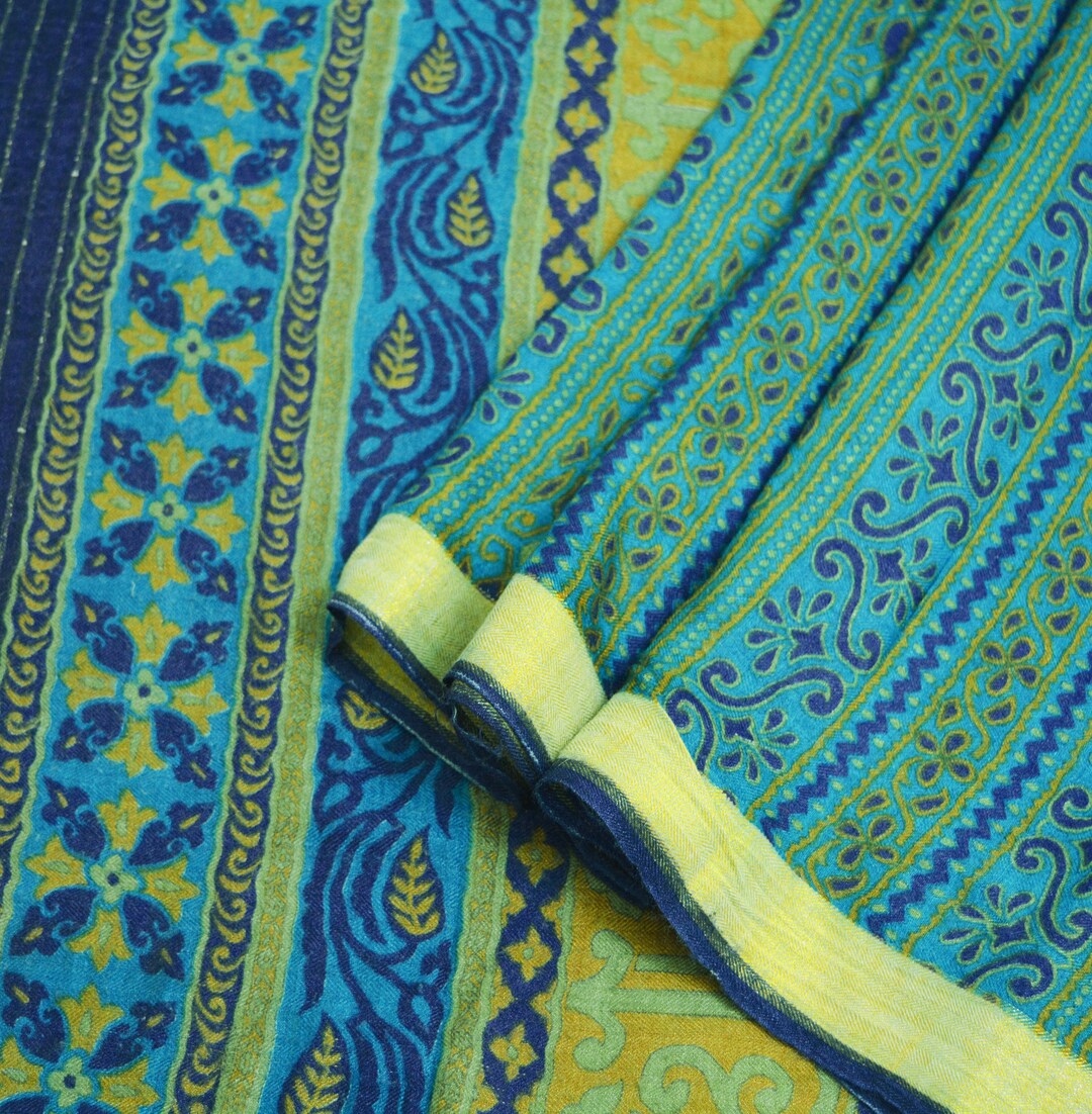 Vintage Blue Heavy Saree Pure Woolen Woven Printed Indian Sari Soft ...