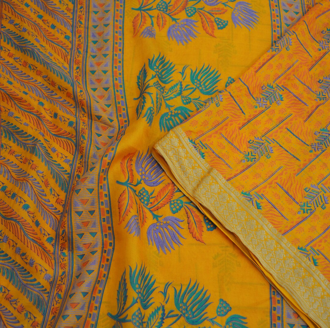 Indian Vintage Sari Saffron 100% Pure Silk Printed Saree Fabric 5yd ...