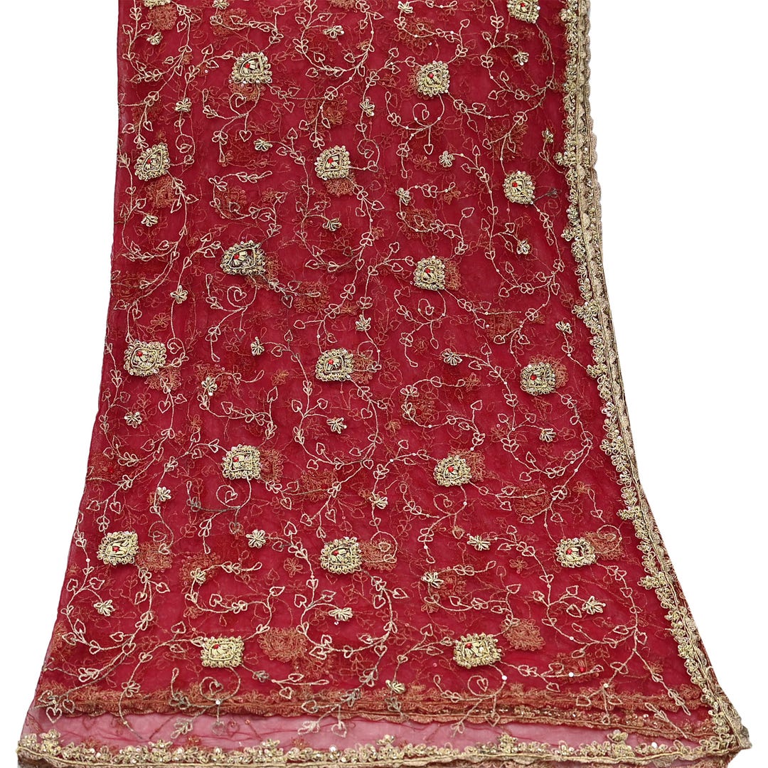 Indian Vintage Red Dupatta Net Mesh Long Stole Hand Embroidered Scarves ...