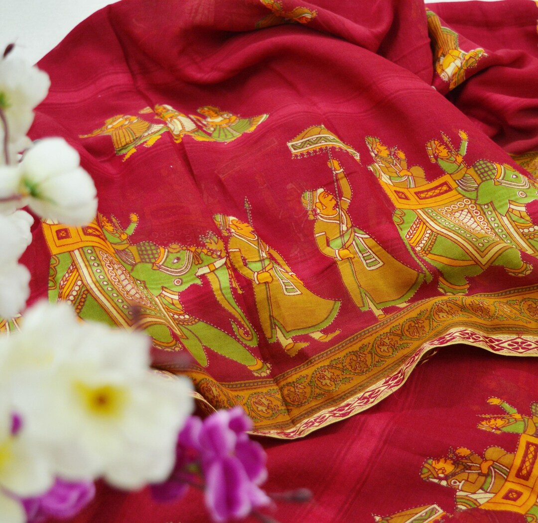 Indian Vintage Saffron & Red Saree Printed Lady Pure Cotton Sari Craft ...