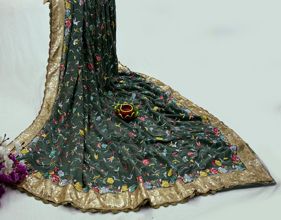 Indian Vintage Heavy Sari Green Pure Georgette Silk Hand Embroidered ...