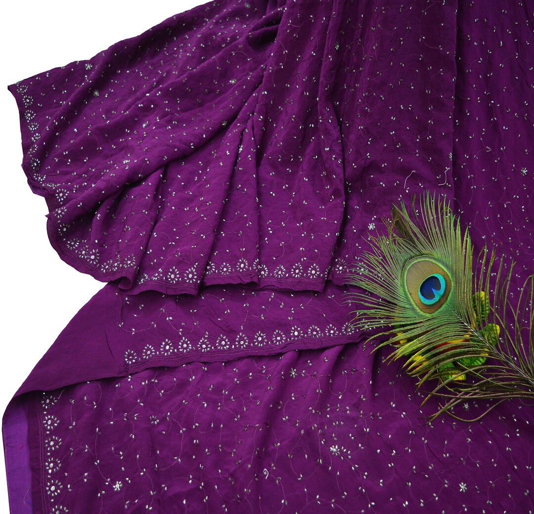 Indian Vintage Heavy Sari Purple Saree Pure Crepe Silk Hand Embroidered ...