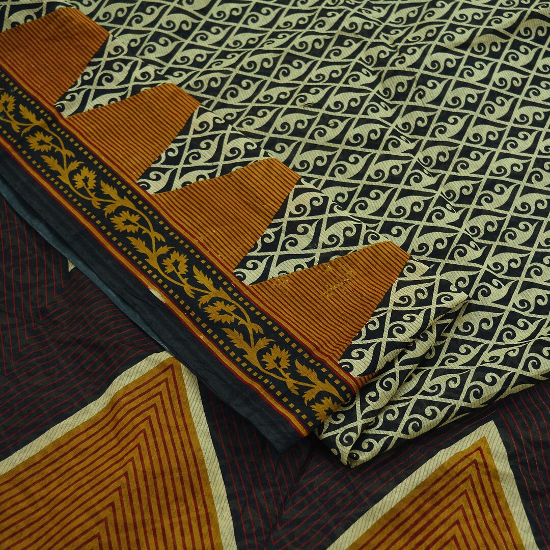 Indian Vintage Saffron & Black Saree Printed Pure Cotton Sari Craft ...