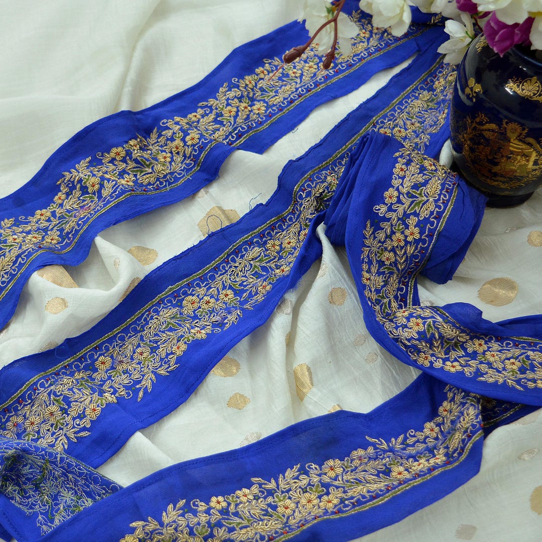 Indian Vintage Royal Blue Sari Border Hand Embroidered Indian Craft ...