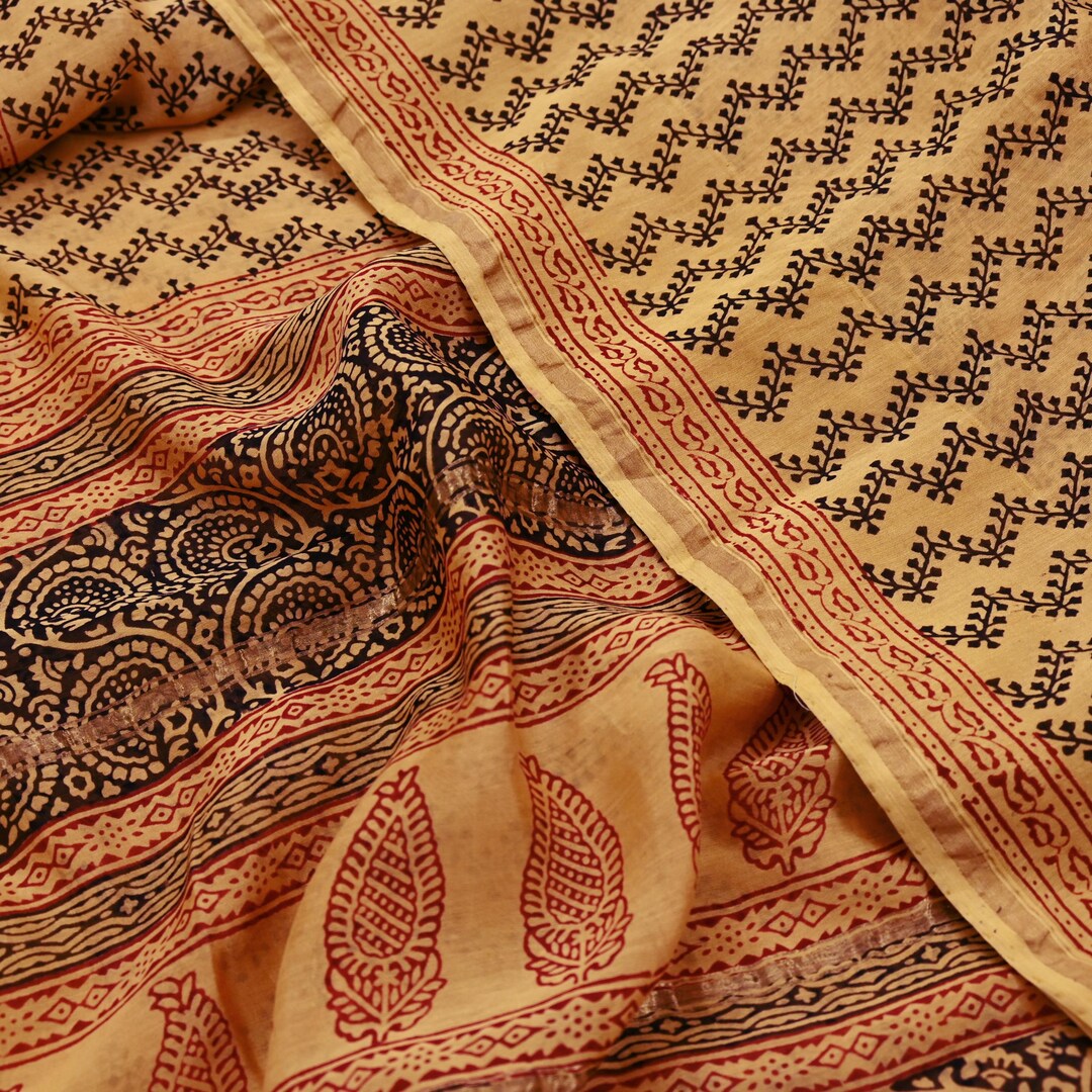 Indian Vintage Sari Saffron Pure Chanderi Silk Block Printed Sarees ...