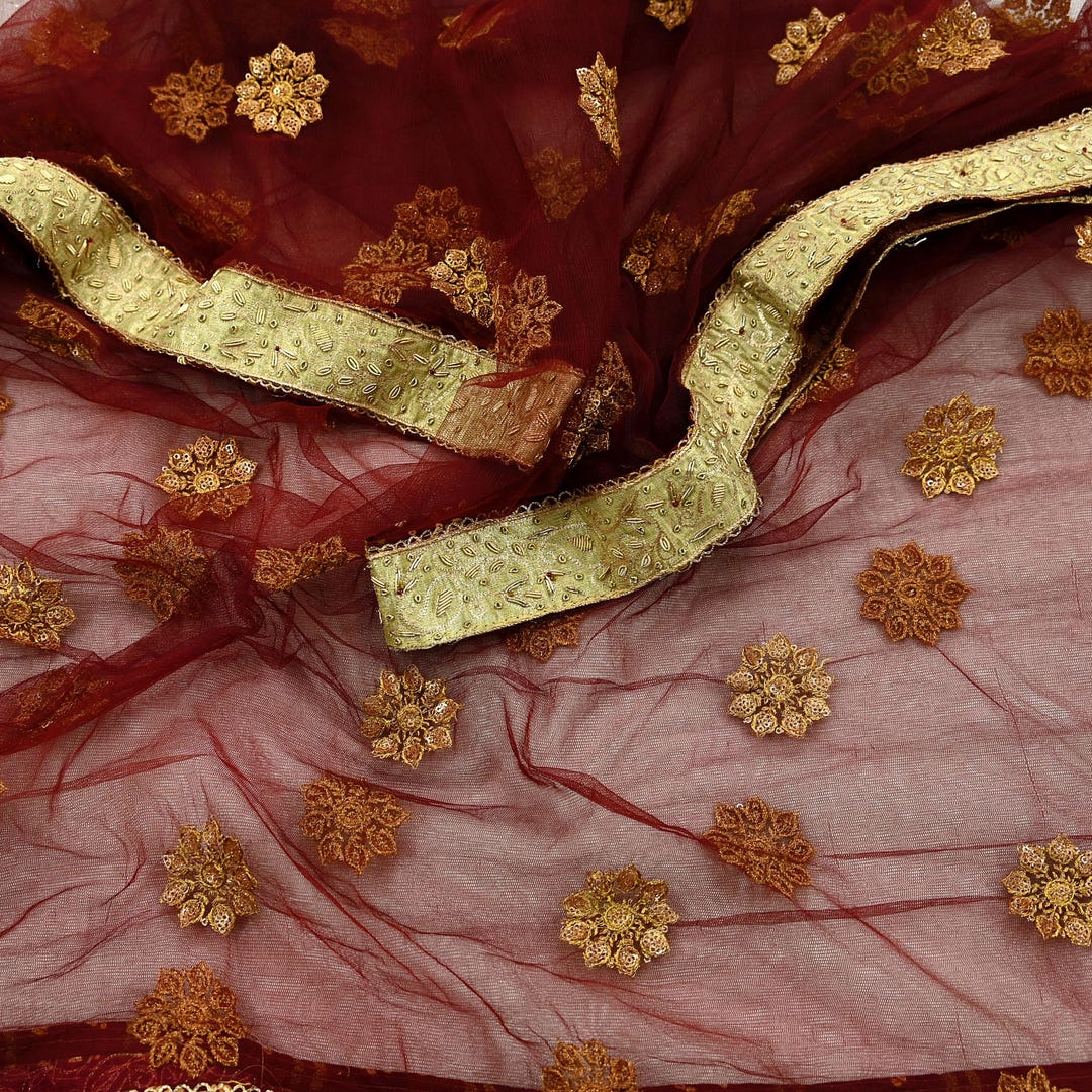 Indian Vintage Maroon Dupatta Net Mesh Long Stole Hand Embroidered ...